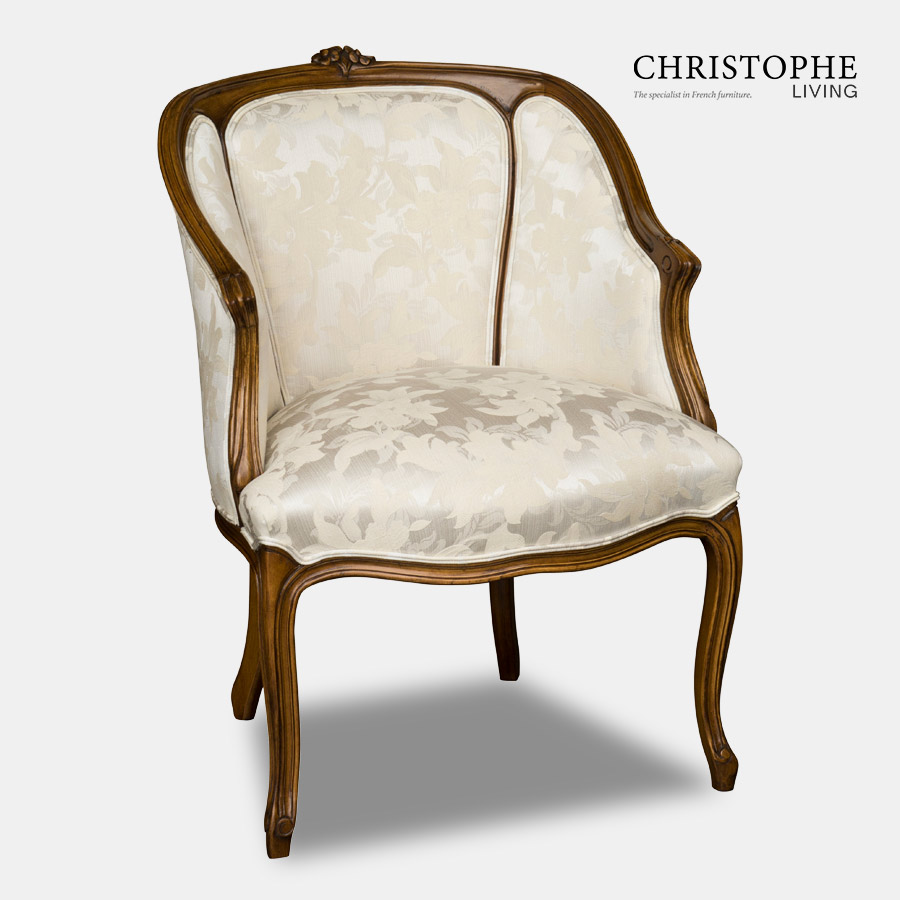 Louis XV Tub Salon Chair in Cream Damask - Christophe Living